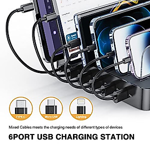 Charging Station for Multiple Devices, 6 Ports USB Charging Station with PD 20W USB-C & 8 Mixed Short Cables, 50W Multi USB Charger Station Compatible with iPhone, iPad, Cell Phone, Tablets
