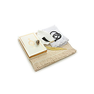 ihvan online Muslim Prayer Rug Set, Islamic Gift Box Suit for Groom Bride, Shawl, Kufi Hat, Digital Beads Counter, Quran Gift Set, Elegant Islam Set for Ramadan (White)