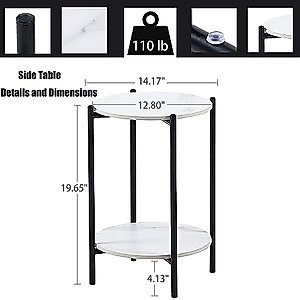 Wiyoskeey Small Round Tables for Small Spaces, Faux Marble Side Table Round, White Marble Small Coffee Table, 2-Tier End Table with Open Storage Shelf for Living Room, Nightstand for Bedroom