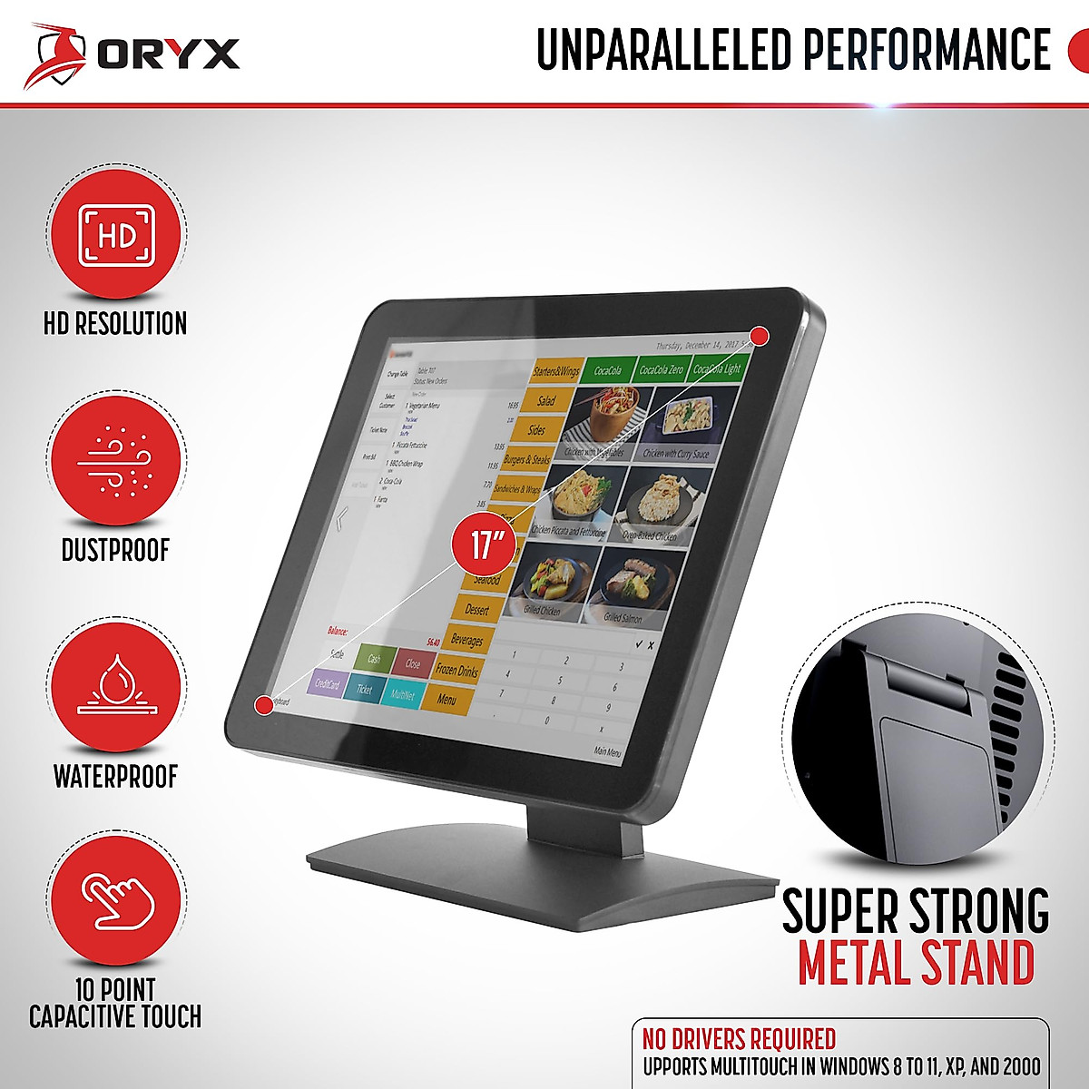 ORYX 17-inch Capacitive LED Multitouch Screen POS Monitor - Waterproof True Flat Seamless Design - USB Port, VGA & HDMI Input - Home, Office, Retail, Restaurant, Gym, Bar [No Driver Required]