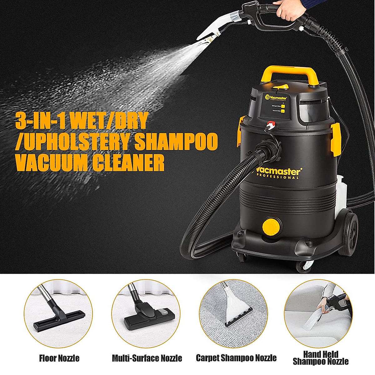 Vacmaster Wet Dry Shampoo Vacuum Cleaner 3 in 1 Portable Carpet Cleaner 8 Gallon 5.5 Peak HP Power Suction