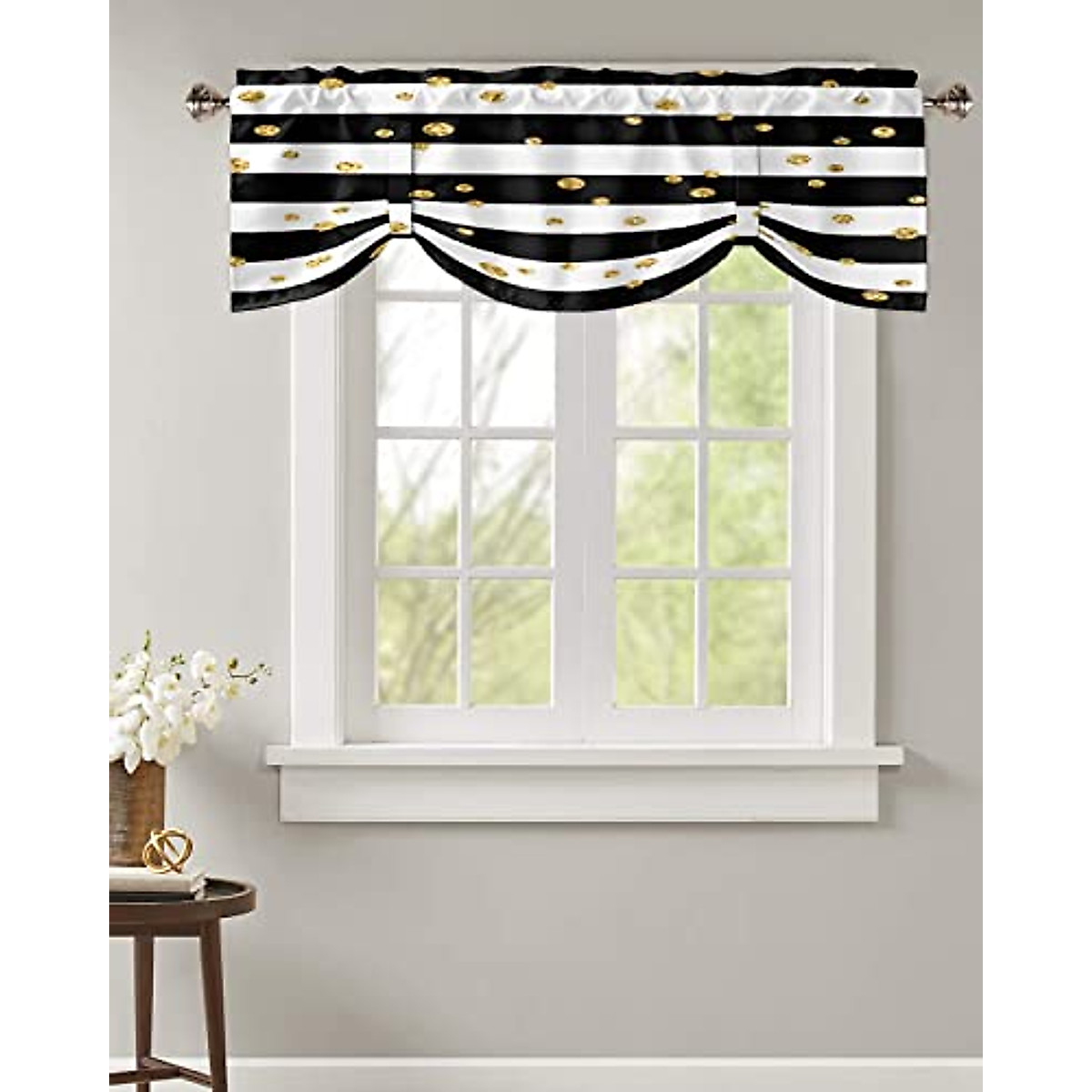 Livencher Tie-Up Valance Curtains for Window - Black and White Stripe Gold Polka Dot Kitchen Valance - Light Filtering Valance Curtains Short Curtains with Adjustable Tie 42"x12"