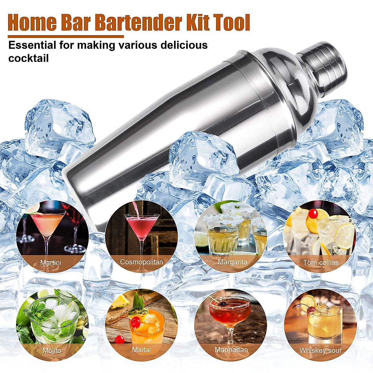 Esmula Bartender Kit with Stylish Bamboo Stand, 12 Piece Cocktail Shaker Set for Mixed Drink, Professional Stainless Steel Bar Tool Set - Cocktail Recipes Booklet(25 oz)