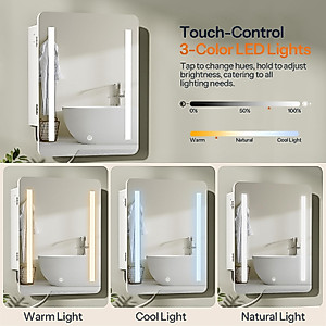 HOOBRO Bathroom Medicine Cabinet with Mirror and Lights, Wall-Mounted Cabinet with Storage, Lighted Medicine Cabinet with LED Lights, Adjustable Shelf, Charging Station, 2 Power Outlets, White