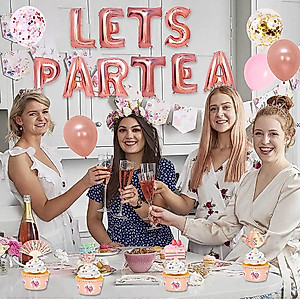 JOPARY Tea Party Decorations with LET'S PAR TEA Aluminum Foil Balloons Floral Tea Party Hanging Decorations Latex Balloons and Teapots Teacups Cupcake Toppers for Lets Par-Tea Party Decor