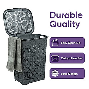 Superio Laundry Hamper with Lid Lace Design 50 Liter - Grey Laundry Hamper Basket With Cutout Handles, Rectangular Shape Modern Style Bin - Dirty Cloths Storage