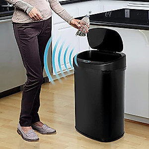 BIQWBIC 50L/13Gal Automatic Trash Can for Home and Kitchen, Large Stainless Steel Kitchen Trash Can Motion Sensor Garbage Can Fingerprint-Resistant Trash Cans, Soft Close Lid (Black)