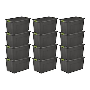 Sterilite 45 Gallon Heavy Duty Plastic Stackable Storage Container Tote with Wheels and Latching Indexed Lid for Home Organization, Gray, 12 Pack