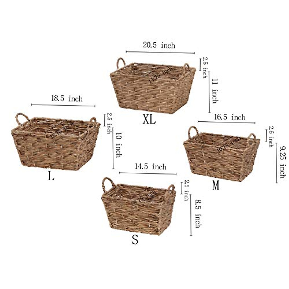 eHemco Water Hyacinth Wicker Storage Rectangular Baskets, Set of 4, Natural