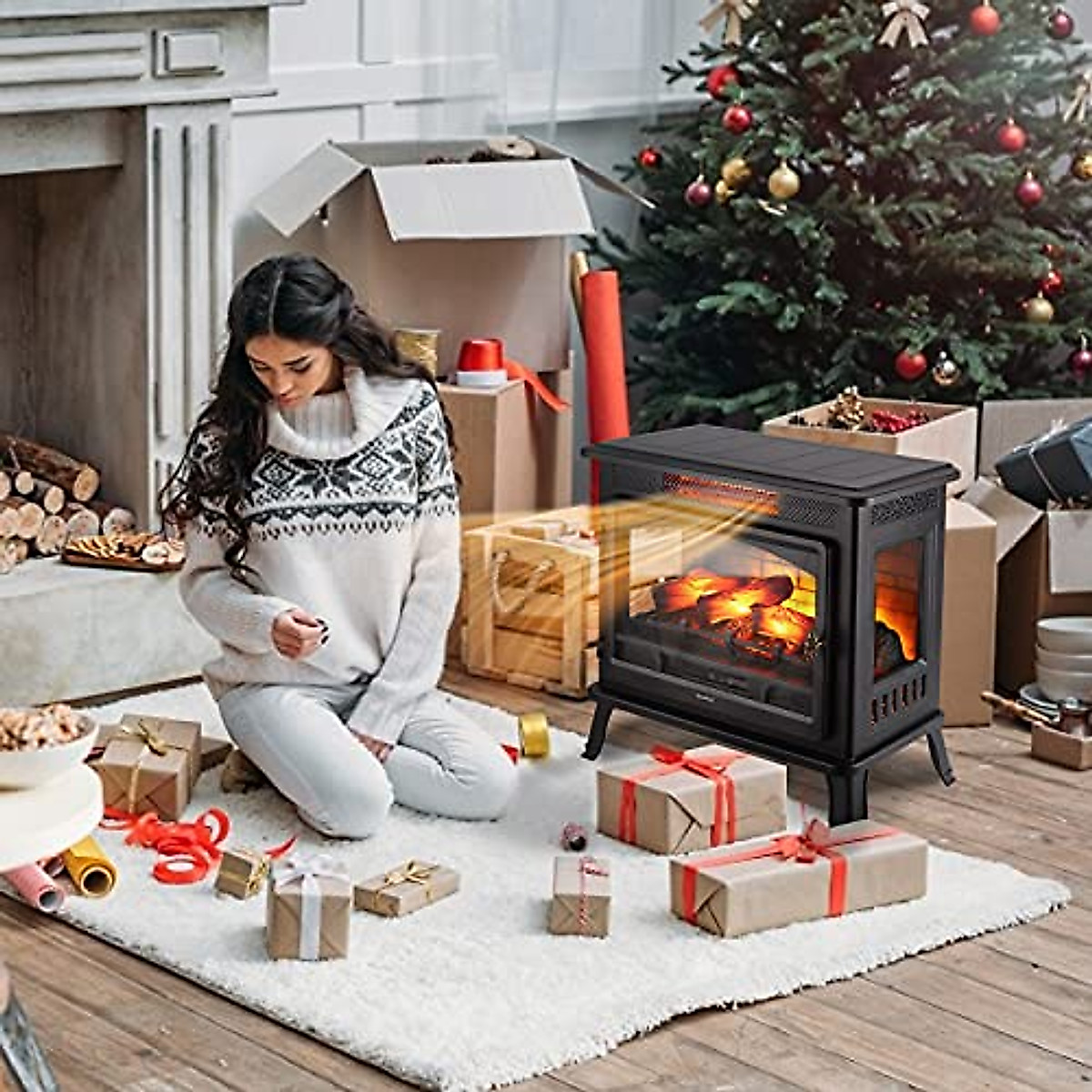 Electric Fireplace Infrared Heater 3D Freestanding Fireplace Stove Heater with Remote Control, Timer, Adjustable Flame Effect, Upgraded Safety Protection 24"