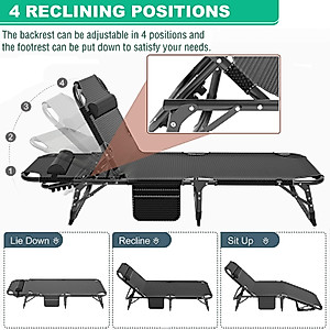 LILYPELLE Portable Folding Camping Cot, Adjustable 4-Position Adults Reclining Folding Chaise with Pillow, Outdoor Portable Folding Lounge Chair Sleeping Cots Bed for Camping, Pool, Beach, Patio
