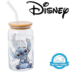 Silver Buffalo Disney Lilo and Stitch Sitting Glass Jar Tumbler with Bamboo Lid and Glass Straw, 16 Ounces