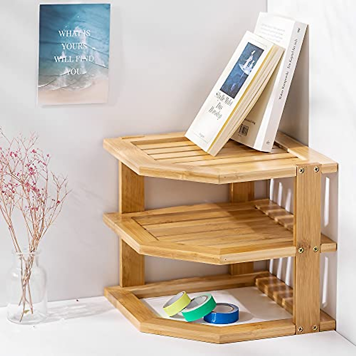 Navaris Bamboo Corner Shelf - Kitchen or Bathroom Corner Shelf Organizer - 9.5" High 3 Tier Storage Shelf for Countertop, Cabinet, Counter, Pantry
