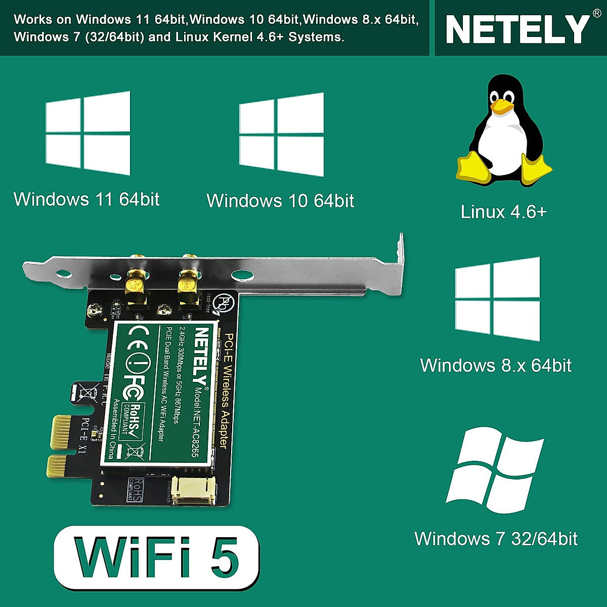 NETELY Dual Band Wireless-AC 1200Mbps PCIE WiFi Adapter with Bluetooth 4.2 for Windows 7, 8.x, 10, 11 64bit System Desktop PCs, 2.4GHz 300Mbps and 5GHz 867Mbps PCIE WiFi Card (NET-AC8265)