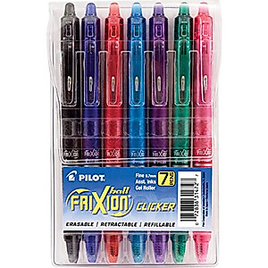 PILOT FriXion Clicker Erasable, Refillable & Retractable Gel Ink Pens, Fine Point, Assorted Color Inks, 7 Count (Pack of 1) (31472)