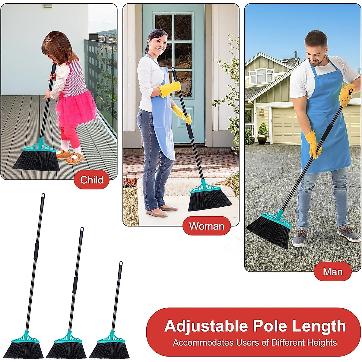 Tiumso Heavy Duty Broom, Outdoor Brooms, Commercial Broom for Sweeping Indoor, Kitchen Broom with 55" Long Handle, Angle Brooms for Patio Kitchen Shop Sidewalk - Blue