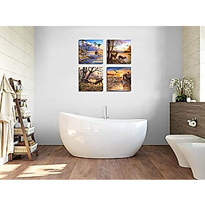 ArtHome520 Yellow Fall Landscape Wild Duck Wall Art Wildlife Canvas Printed Oil Painting Home Decor orange Animal Deer Picture for Living Room Modern Framed 4 Panel (12''x12''x4pcs)
