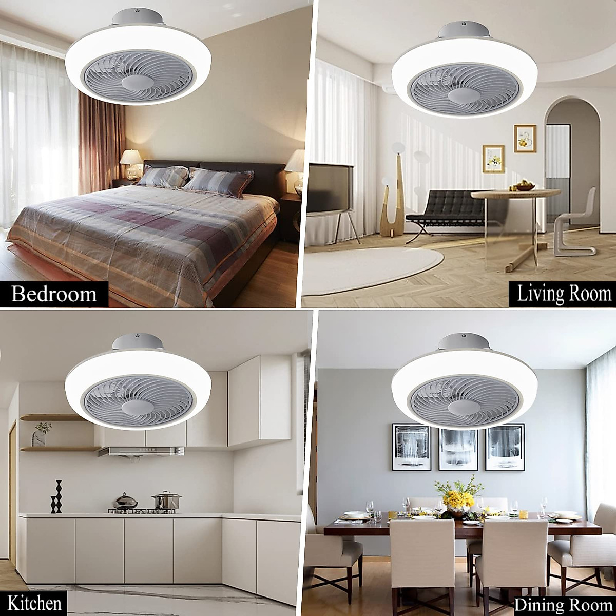 PINFM 16in Remote Invisible Ceiling Fan,72W Flush Mount Low Profile, 3 Speeds, 3 Wind Speed Ceiling Fan and Lights,(1/2h) Timing,for Kitchen, Living Bed Room.