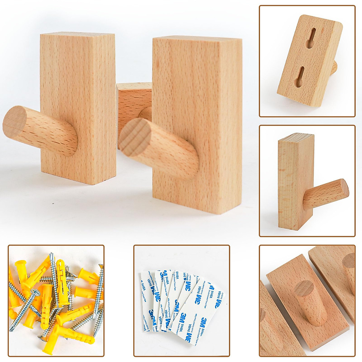 DINGEE Wall Hooks for Hanging Heavy Duty 6 Pack Wood Coat Hooks Wall Mounted, Adhesive Wall Hooks for Hat, Towel, Purse, Cloth, Plants, Bag,Natural Wooden Utility Hooks for Hanging