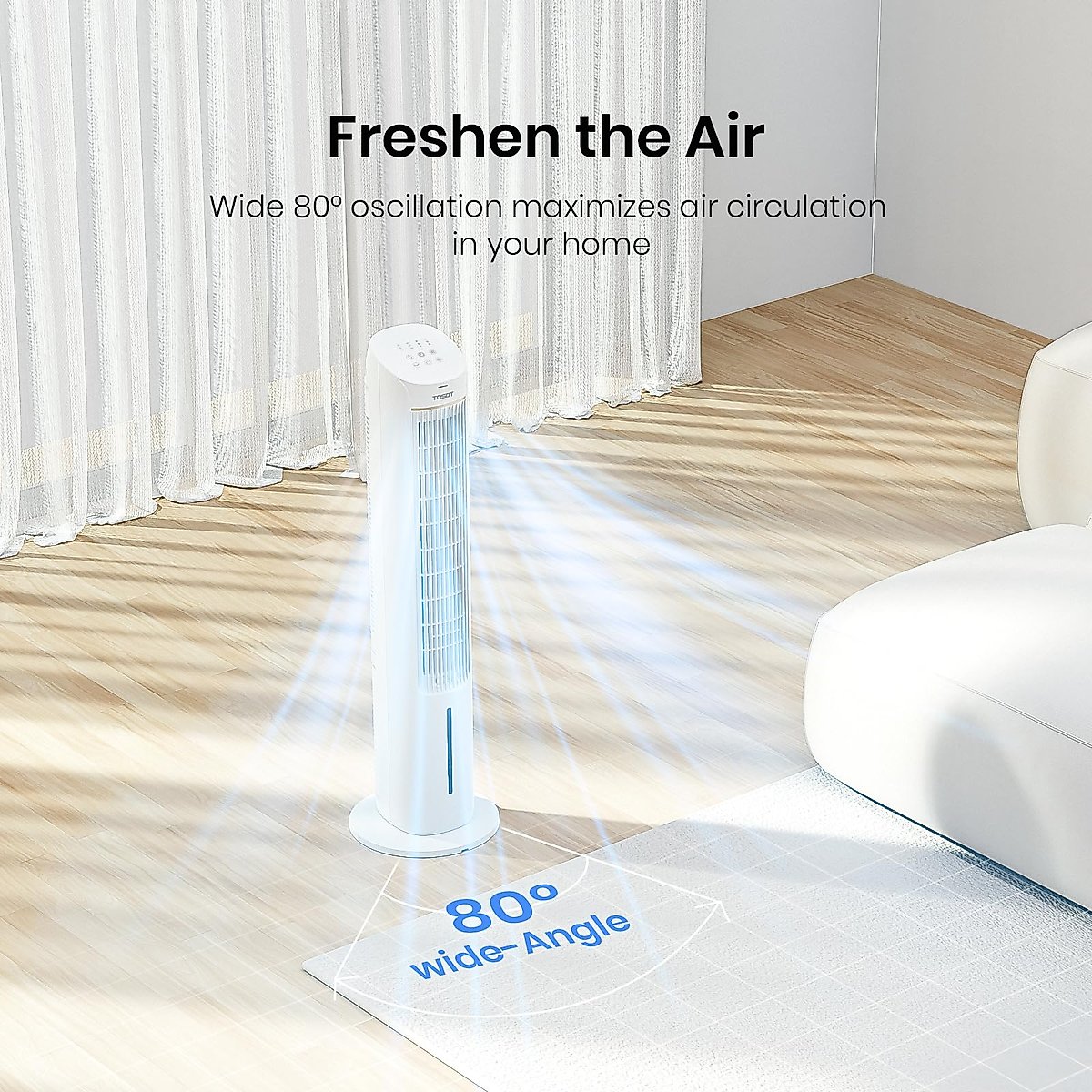 TOSOT Tower Fan Oscillating 80°, Cooling Fan with 2 Ice Packs, CFM 360m³/h, 3 Speed Quiet Fan with Remote Control, 7 Hours Timer, Humidifiers with Removable 4L Water Tank, Floor Fan for Home Bedroom