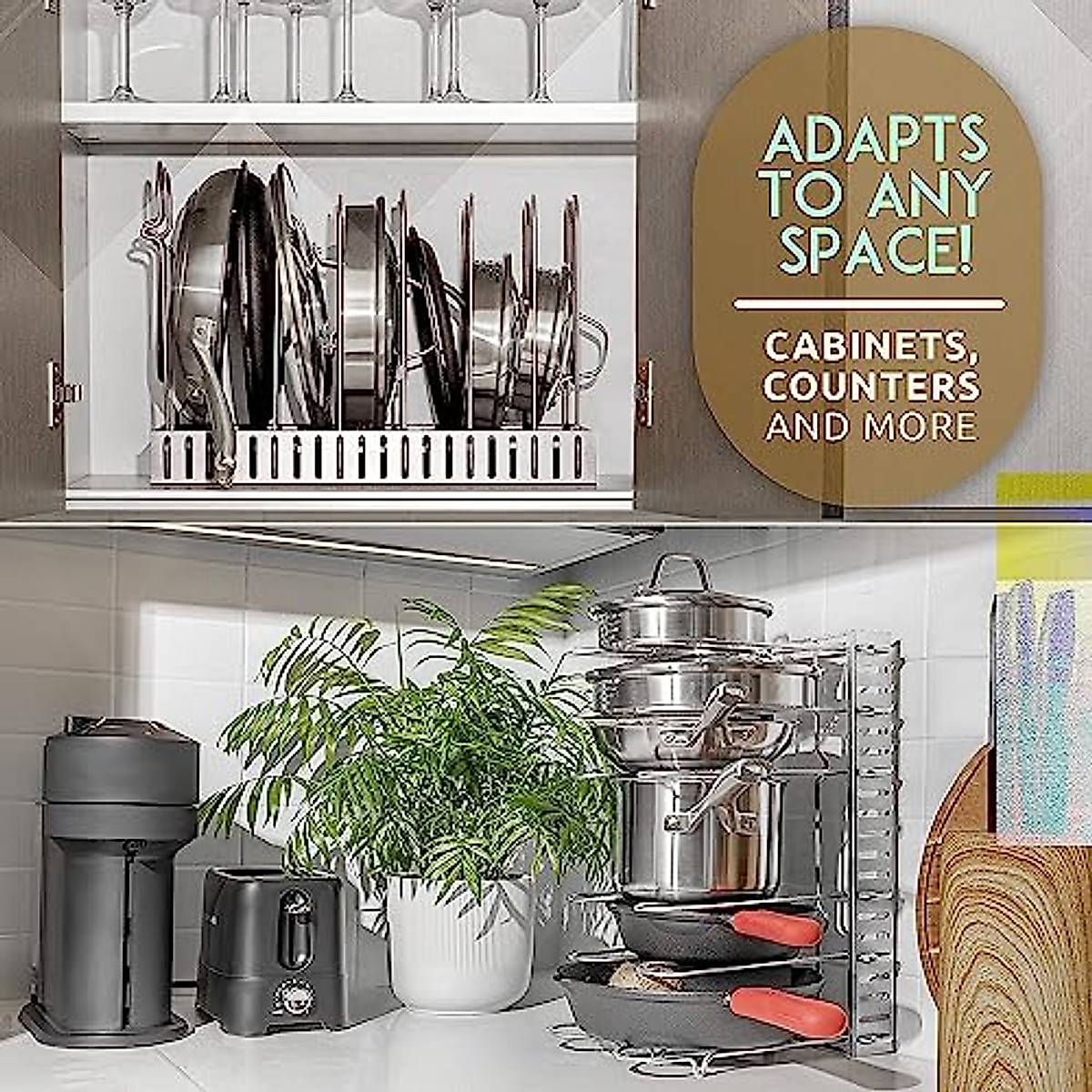 GeekDigg Pot Rack Organizer, Adjustable Height and Position Pots and Pan Rack, Kitchen Counter and Cabinet Pan Organizer Shelf Rack/Pot Lid Holder with 3 DIY Methods - Silver