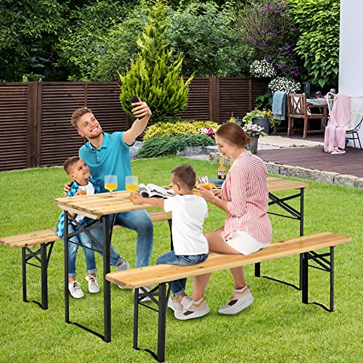 Goplus Foldable Picnic Table with Benches, 3-Piece 70” Portable Beer Garden Table with Sturdy Steel Frame, Folding Wooden Picnic Tables for Outdoors, Patio, Backyard