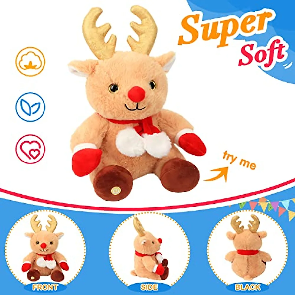 Hopearl Christmas LED Plush Reindeer Light up Elk Stuffed Animal Rudolph Floppy Night Lights Glow in The Dark Birthday Festival for Kids Toddler Girls, Brown, 13’’