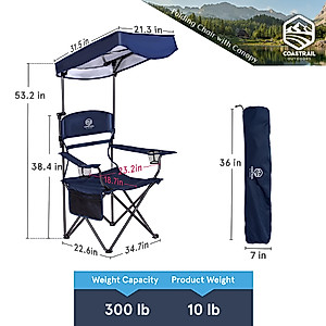 Coastrail Outdoor Canopy Camping Chair Multi-Position Adjustable Folding Shade Chair SPF 50+ Sun Protection with Cup Holder & Storage Pockets, Patio, Blue,Extra Large