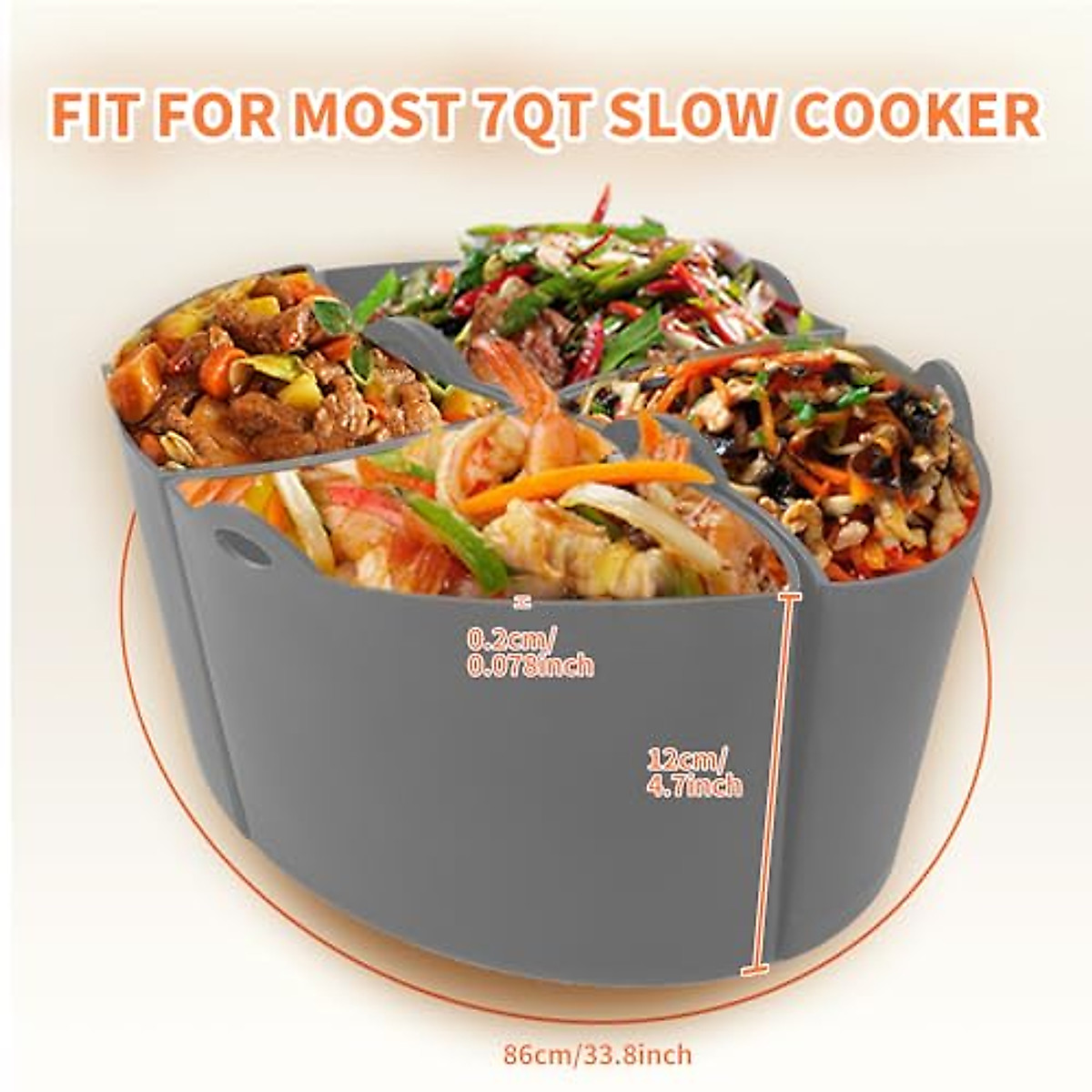 YSF Silicone Slow Cooker Liners, Reusable 4 Divider Inserts, Fits Crock-pot Oval 8 QT 4-in-1 Slow Cooking, Leakproof, Dishwasher Safe, Food-Grade BPA Free, 8 Quart Cook Four Dishes at Once (Gray)