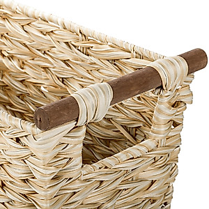 Pumtus Woven Waste Basket, Plastic Wicker Trash Can with Wooden Handles, Rectangular Storage Basket Garbage Container Bin for Bathroom, Office, Kitchen, Home, Laundry, Utility Room, Garage