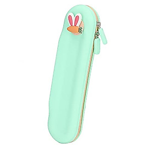 Silicone Pencil case Small Capacity Pure Color Narrow Stitching line Student Pencil case Organ Design for School Radish Rabbit and Radish House, Green