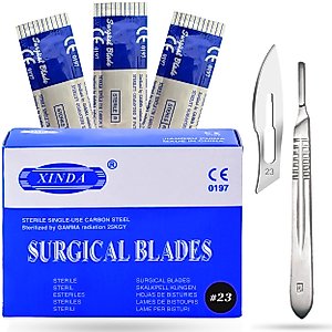 VISION TEK MED Pack of 100 Blades #23, Scalpel Blades for Knife Scalpel, High Carbon Steel Dermablade Blades. Individually Wrapped, Sterile + Free 1 Handle #4