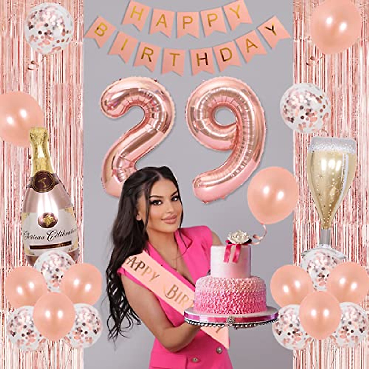 29th Birthday Decorations for Women Rose Gold - Last Year In My 20s Banner, Cheers to 29 Years Old Birthday Decor with Champagne Goblet Balloon, Number 29 Foil Balloons, Happy Birthday Sash