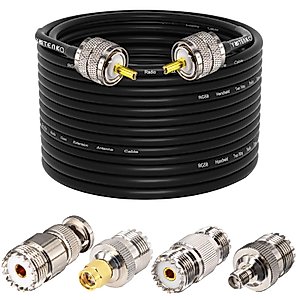 YOTENKO Ham Radio Coax Cable, RG58 50 Ohm, 23M (75FT), PL259 Male to SO239 Female, with 4-Pack Adapters (SMA/UHF/BNC/SO239), for CB, Amateur, Ham Radio Antenna