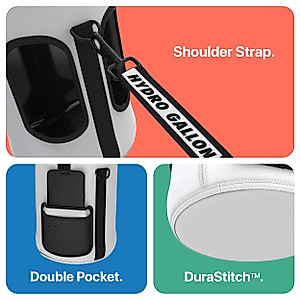 Hydro Gallon® - 1 Gallon Water Bottle Jug with Insulated Sleeve and Straw Lid, Handle, Motivational Time Marker, Pocket, Shoulder Strap. Leakproof BPA free Large Big Bottle. 128oz (White)