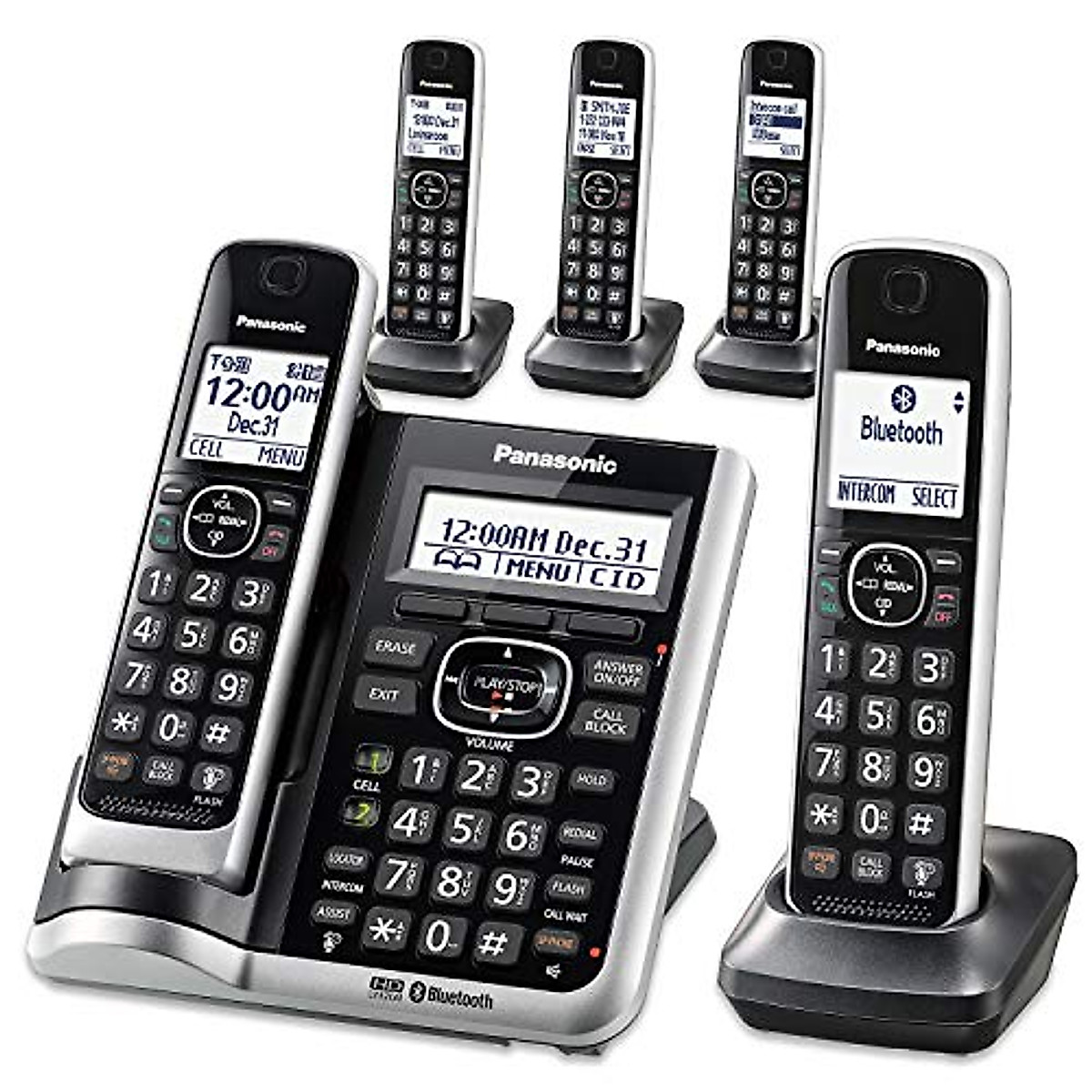 Panasonic Link2Cell Bluetooth Cordless Phone System with HD Audio, Voice Assistant, Smart Call Block and Answering Machine, Expandable Cordless System - 5 Handsets - KX-TGF675S (Black/Silver Trim)