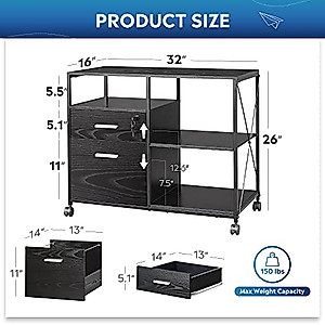 DEVAISE 2 Drawer Lateral File Cabinet with Lock, Mobile Printer Stand with Open Storage Shelf, Wood Filing Cabinet fits A4 or Letter Size for Home Office, Black