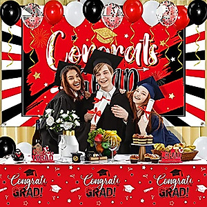 53 Pcs Graduation Decorations 2023 Congrats Grad Backdrop Banner Graduation Tablecloth Congrats Latex Balloons with Ribbons for University High School Graduation Party Supplies (Red and Black)