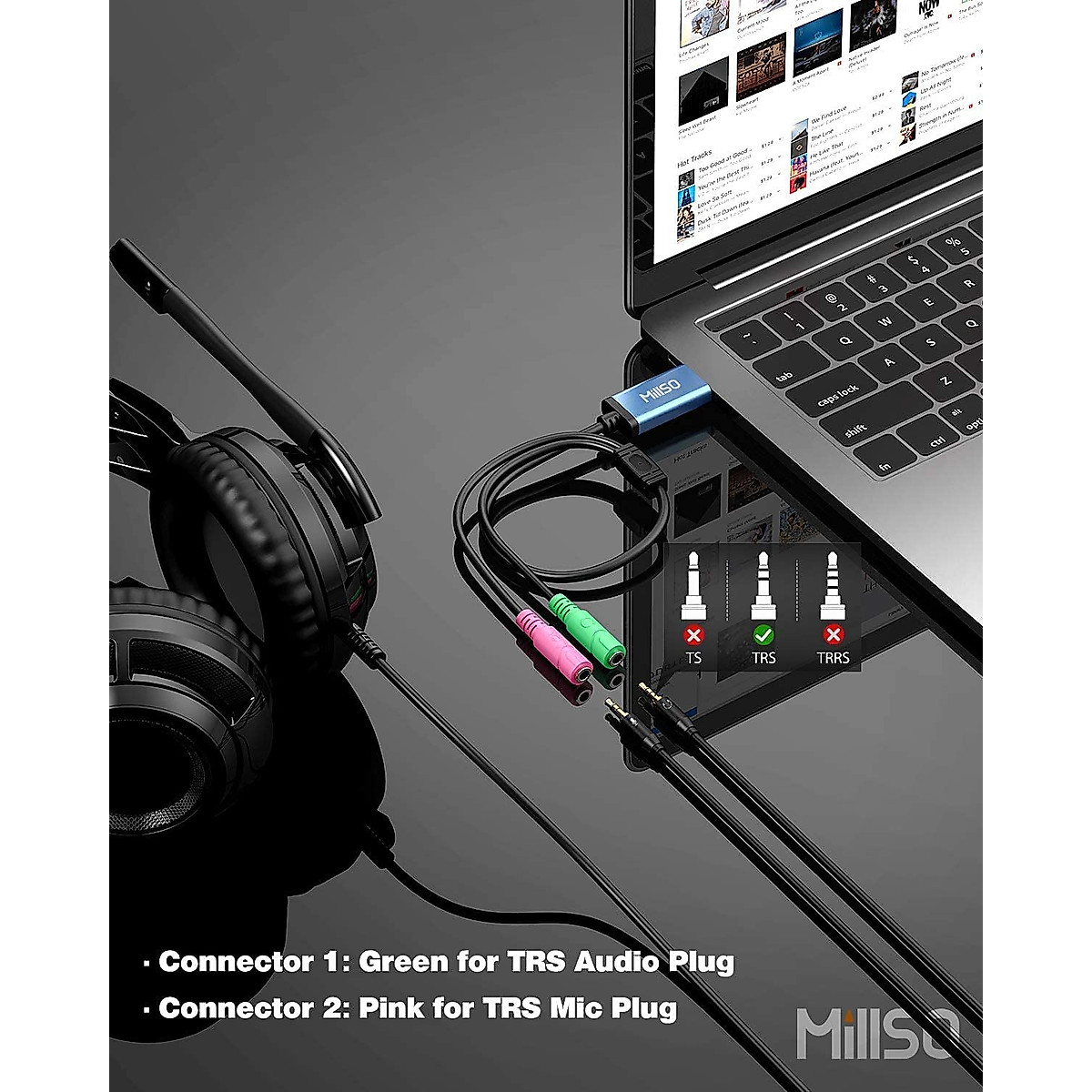Bundle MillSO Headphone Mic Splitter, 3.5mm Headset Adapter 2 TRS Female to TRRS Male + MillSO USB External Sound Card Audio Adapter, USB to 3.5mm TRS Headphone and Microphone Stereo Jack Splitter