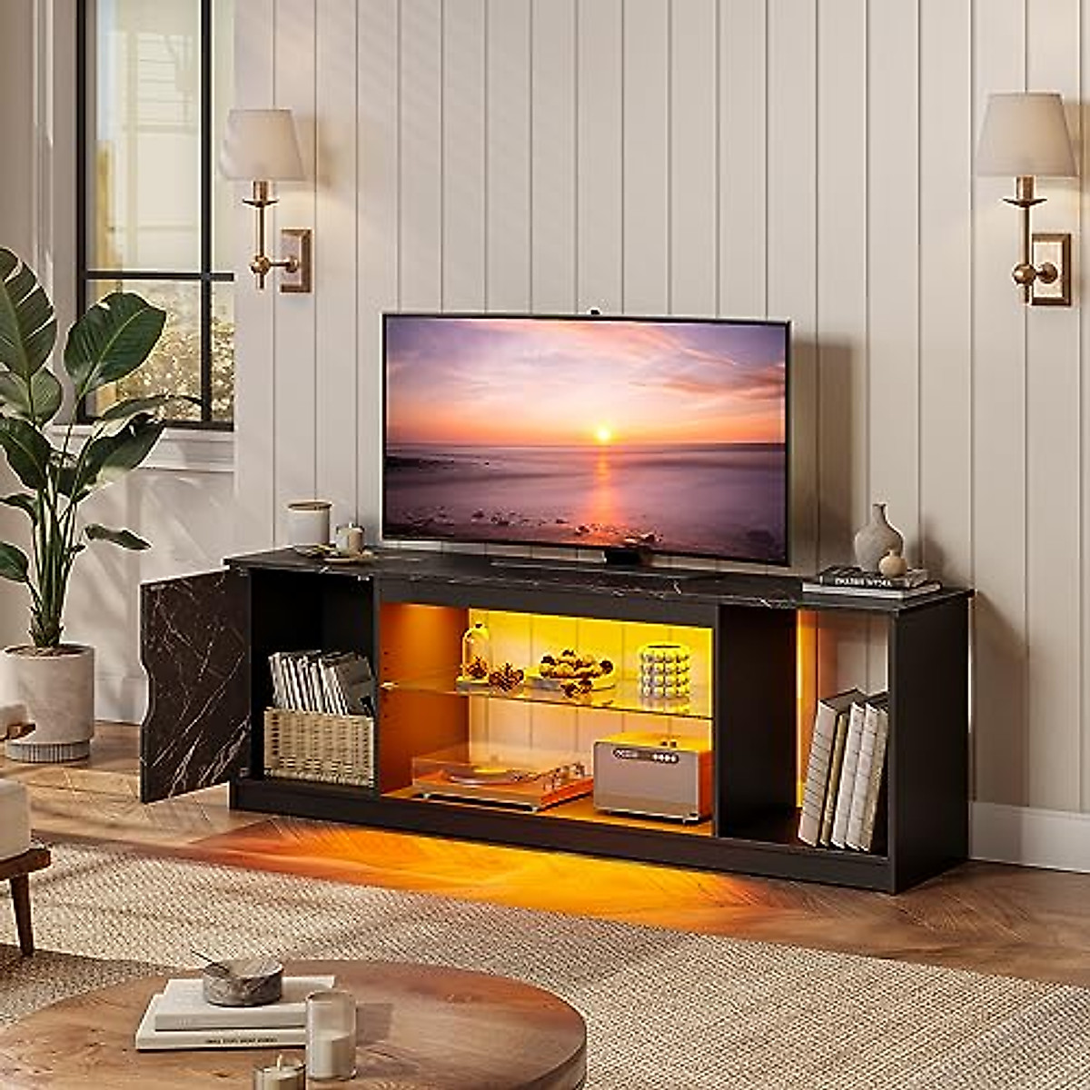 Bestier LED TV Stand for PS5,Modern Gaming Entertainment Center with Cabinet for 60/65 Inch TV,Easily Assemble TV Corner Console with Adjustable Glass Shelf for Living Room Bedroom Black Marble