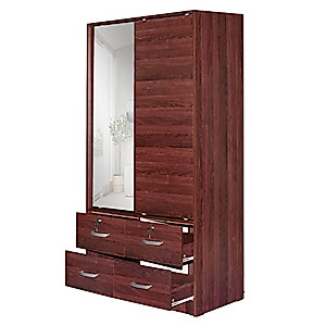 Better Home Products Sarah Double Sliding Door Armoire with Mirror in Mahogany