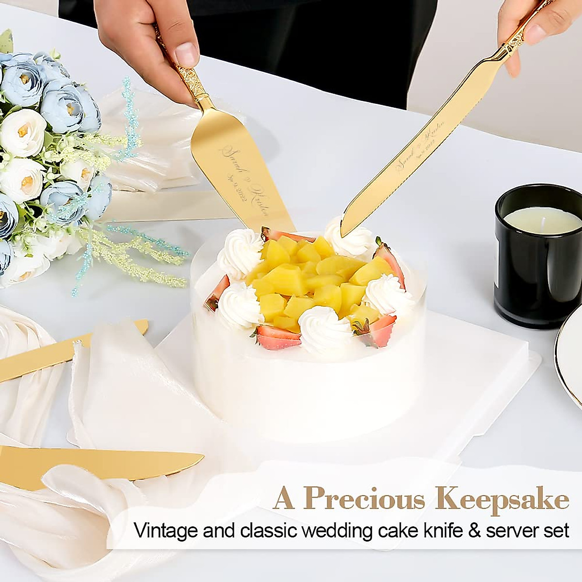 vomiceak Wedding cake knife and server set, personalized gold cake serving set, Engraved cake cutting set for wedding, Pie server pizza cutter, bridal gift(CUS-Flower)