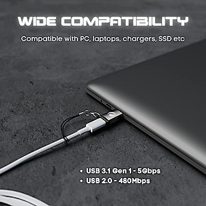 Futurizta Tech USB 3.1 Gen 1 Premium Type-C Female to USB-A Male Adapter, Support 5Gbps Data Transfer, QC3.0 Fast Charging, Military Grade Aluminium Alloy with Ergonomic Lanyard/Rope for Type-C Cable