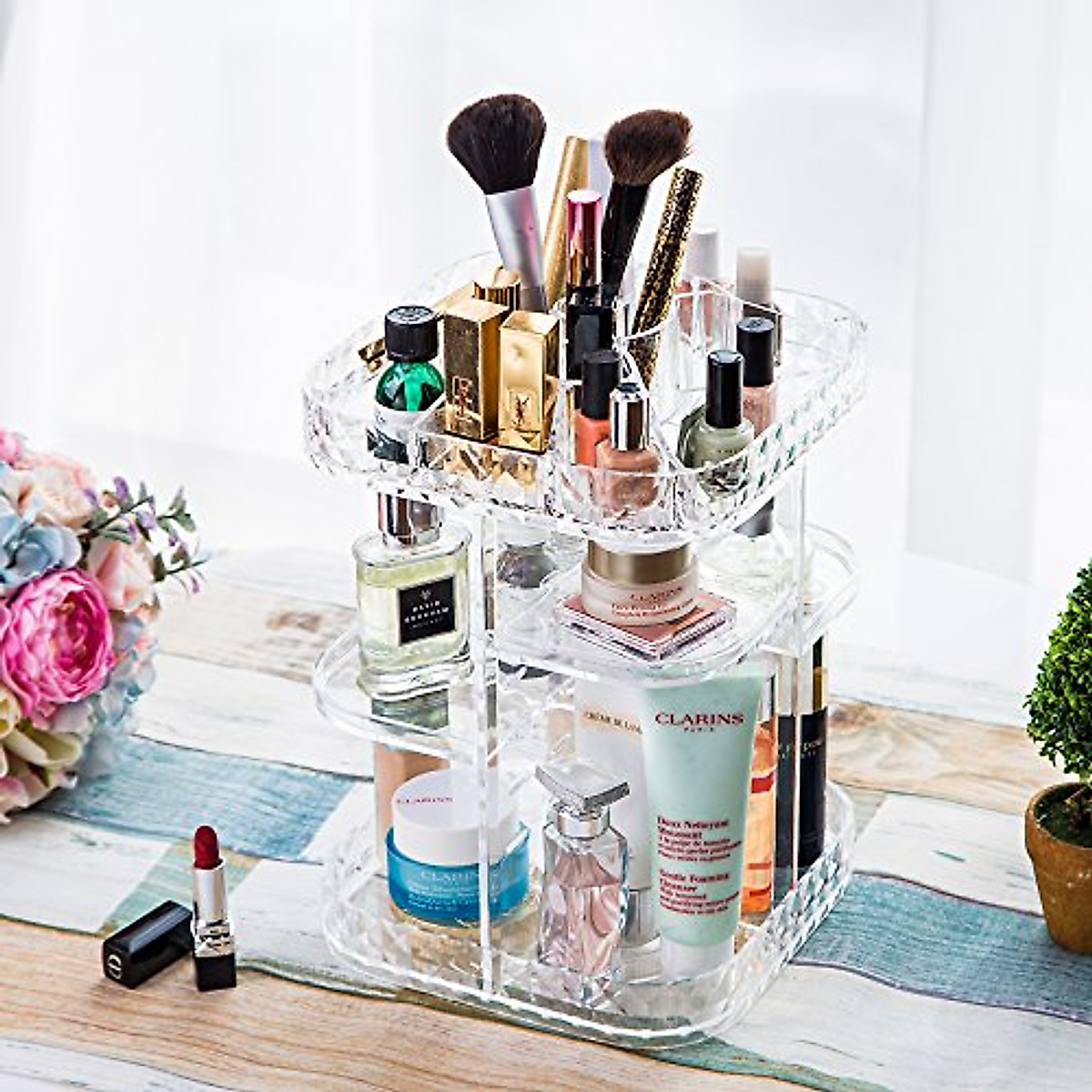 Makeup Organizer 360-Degree Rotating Cosmetic Storage Box, DIY Adjustable Large Capacity Cosmetics Display Case Square Makeup Shelf with Diamond Pattern