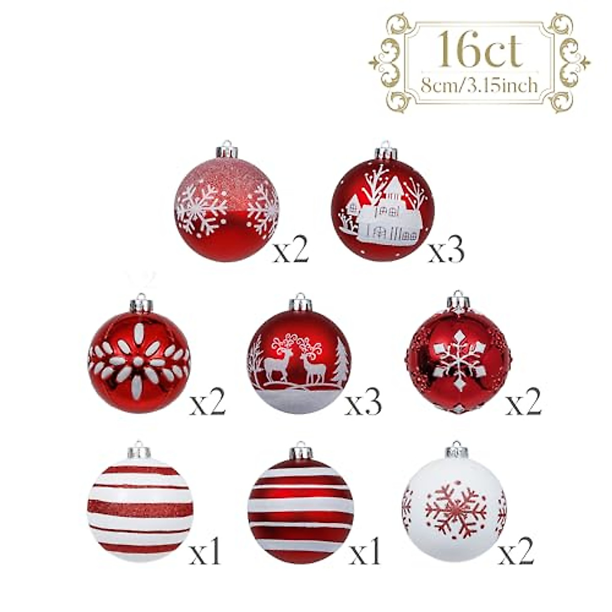 Valery Madelyn Christmas Tree Decorations Set, 16ct Red and White Shatterproof Christmas Ball Ornaments Bulk, 3.15 Inch Traditional Hanging Ornaments for Christmas Trees Xmas Holiday Party Decor