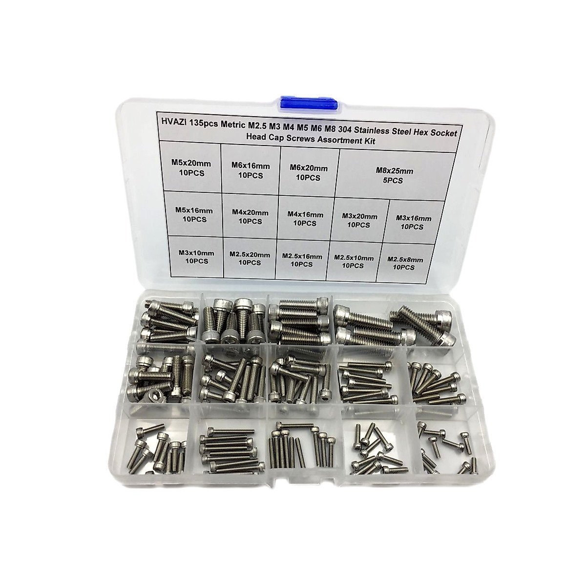 HVAZI 135pcs Metric M2.5 M3 M4 M5 M6 M8 304 Stainless Steel Hex Socket Head Cap Screws Assortment Kit