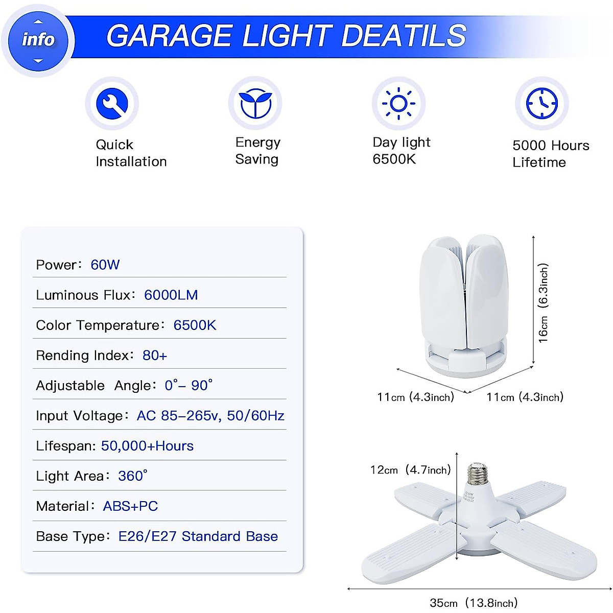 LED Garage Light 60W E26 6000LM Deformable LED Garage Ceiling Lights 6500K Daylight White Garage LED Light with 4 Adjustable LED Panels, LED Garage Lights for Warehouse Workshop Basement Lights