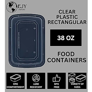 EJY IMPORT Rectangular And Round Meal Prep Food Containers with Lids - Stackable - Dishwasher/Microwave/Freezer Safe - One Compartment Box - Reusable Storage - 50 Sets (38 OZ - 50 SETS - RECTANGLE)
