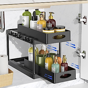 2PACK Double Sliding Cabinet Organizer, Under Sink Organizers and Storage, 2 Tier Kitchen Organization with 6 Hooks, Bathroom Countertop Organizer, Pull Out Cabinet Organizer Baskets