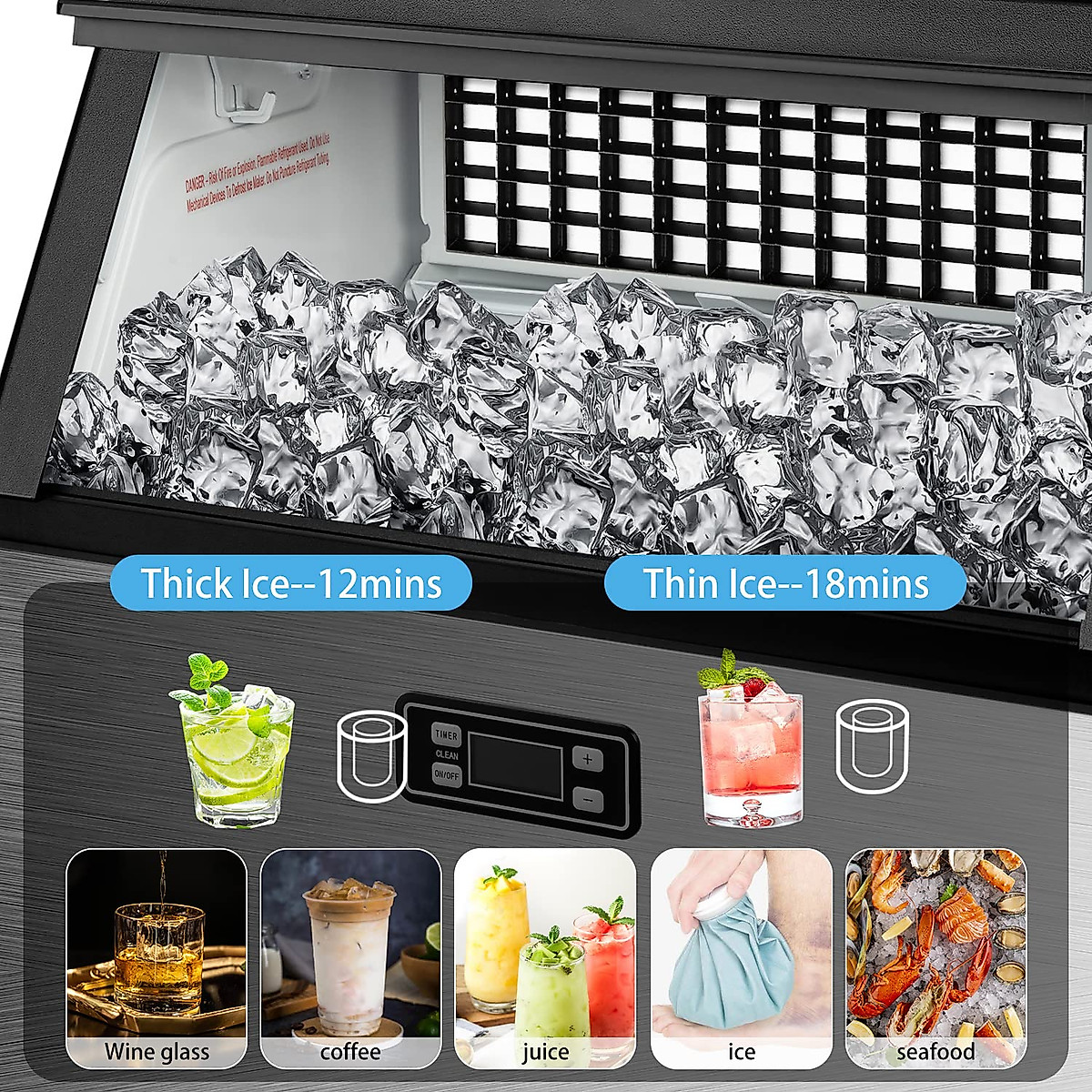 ZAFRO Commercial Ice Maker, 100lbs/24H Ice Machine with 33lbs Ice Bin, Self-Cleaning Under Counter Stainless Steel Freestanding Ice Maker for Restaurant/Bar/Cafe/Office Silver, Includes Scoop